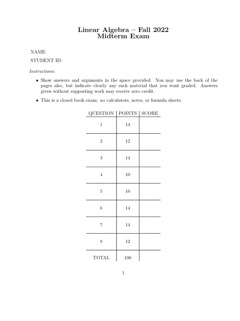 Fall 2022 Linear Algebra Midterm Exam Pdf Mathematical Objects 1848