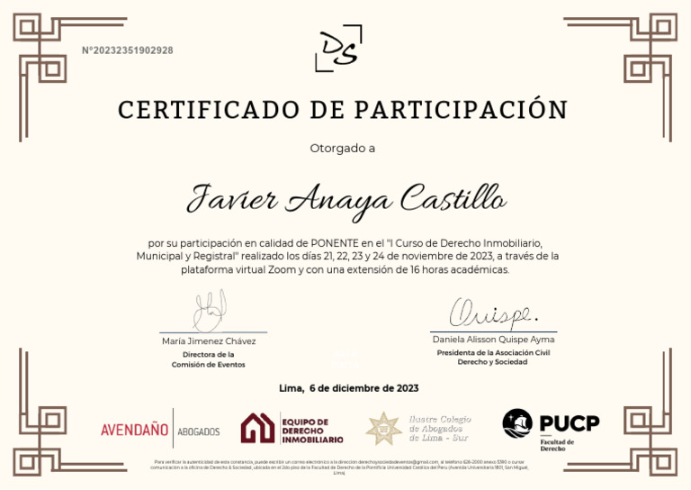 (Certificado de Participación) - I CURSO DE DERECHO INMOBILIARIO ...