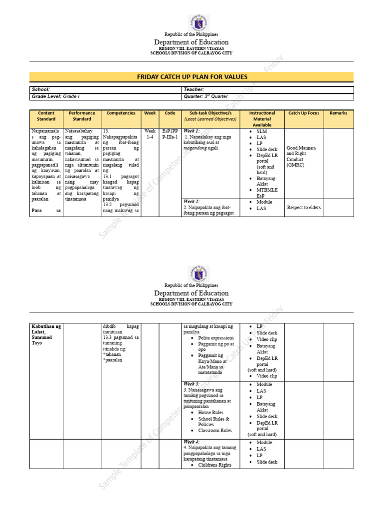 FRIDAY-CATCH-UP-PLAN-VALUES | PDF