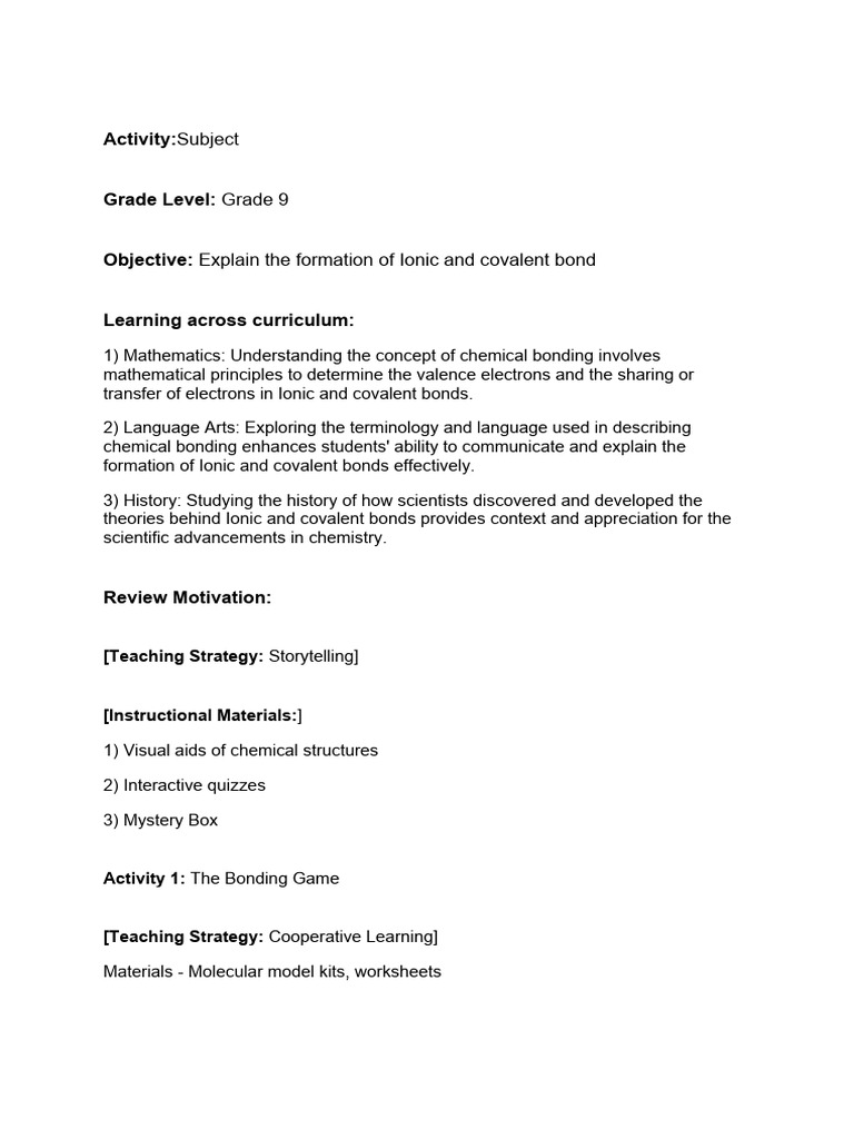 Lesson Plan | Download Free PDF | Chemical Bond | Ionic Bonding