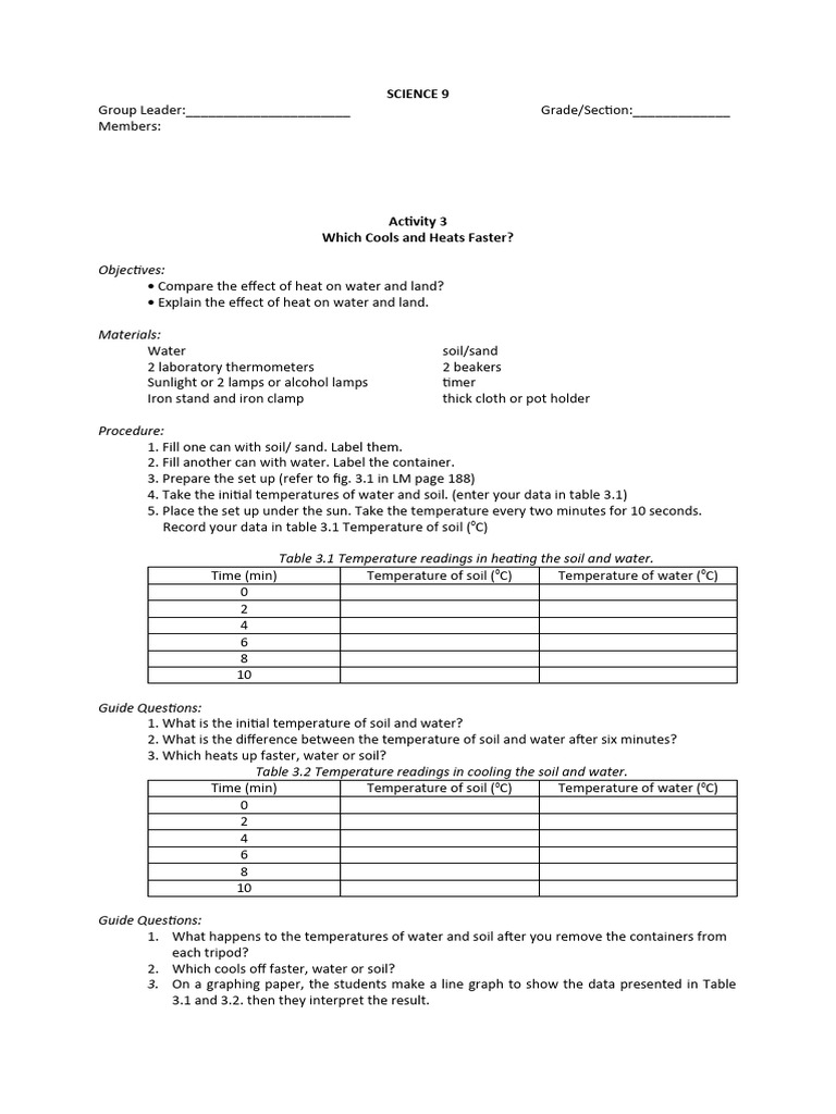 Science 9: Activity 3 Soil and Water | PDF