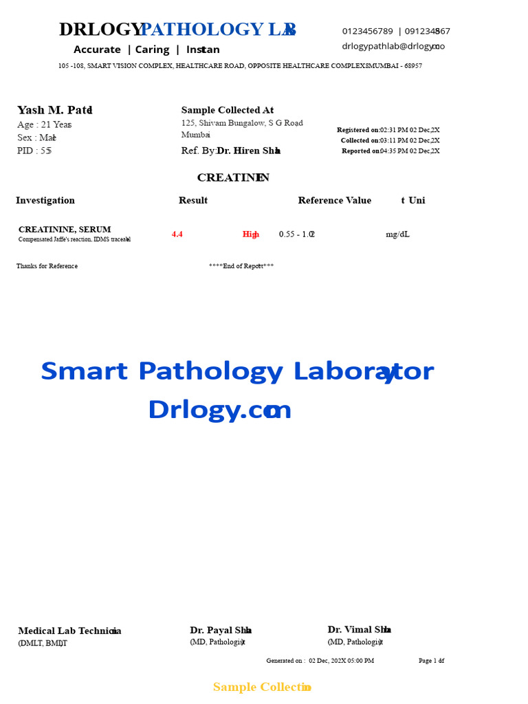 Creatinine Test Report Format Example Sample Template Drlogy Lab Report ...