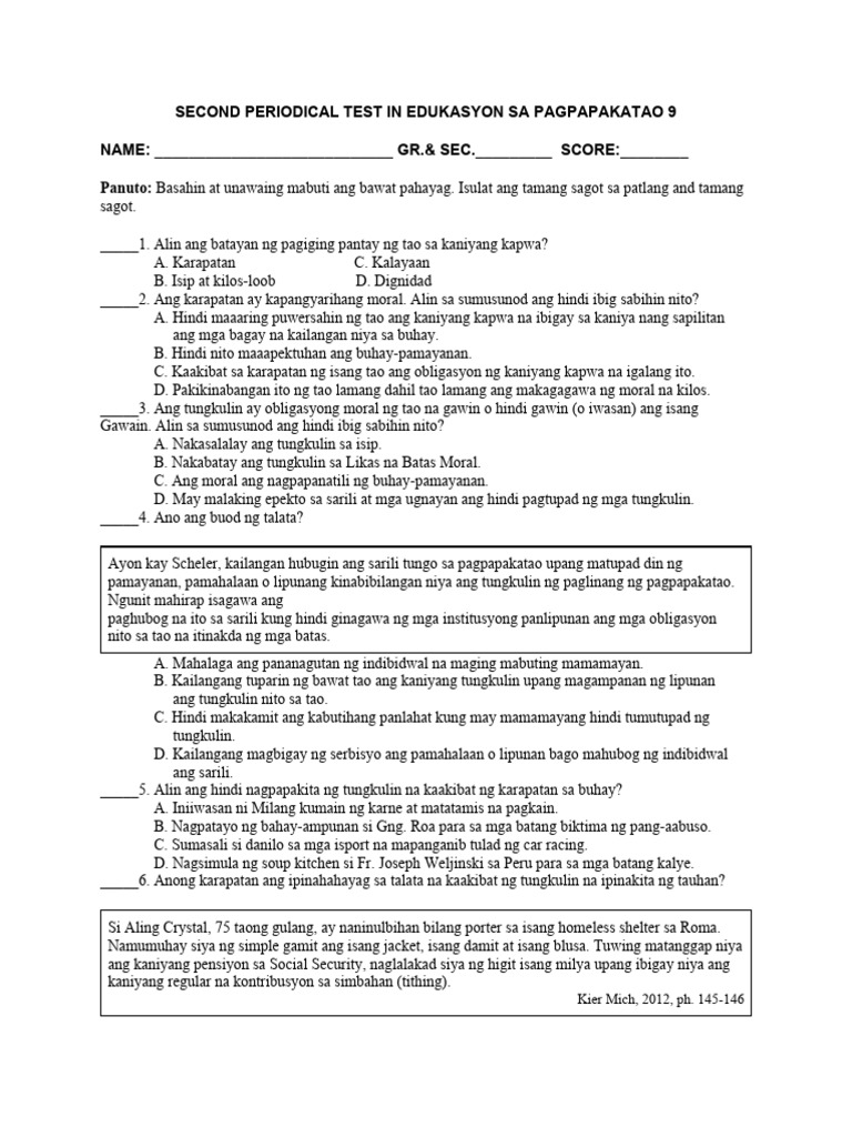 SECOND PERIODICAL TEST IN EDUKASYON SA PAGPAPAKATAO 9 | PDF