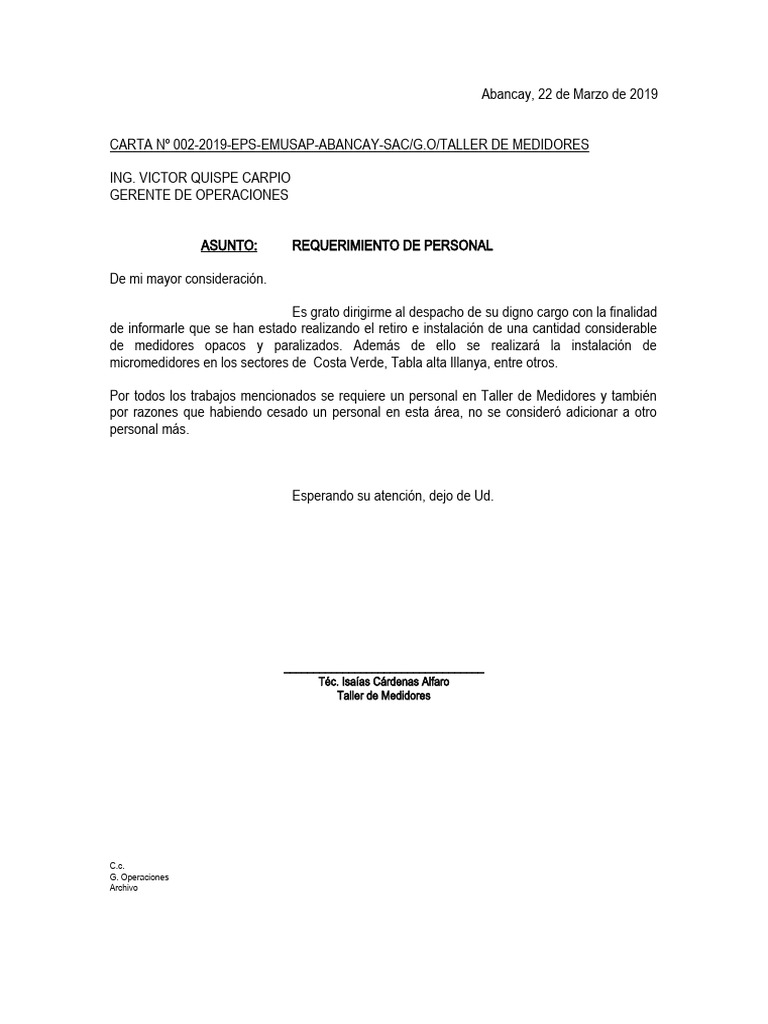 CARTA 002-2019 - Solicito Personal | PDF