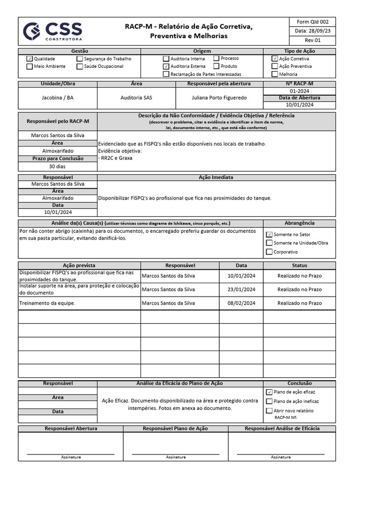 Form Qld 002 - RACP-M Relatorio de Acao Corretiva, Preventiva e Melhorias - Rev.02 | PDF ...