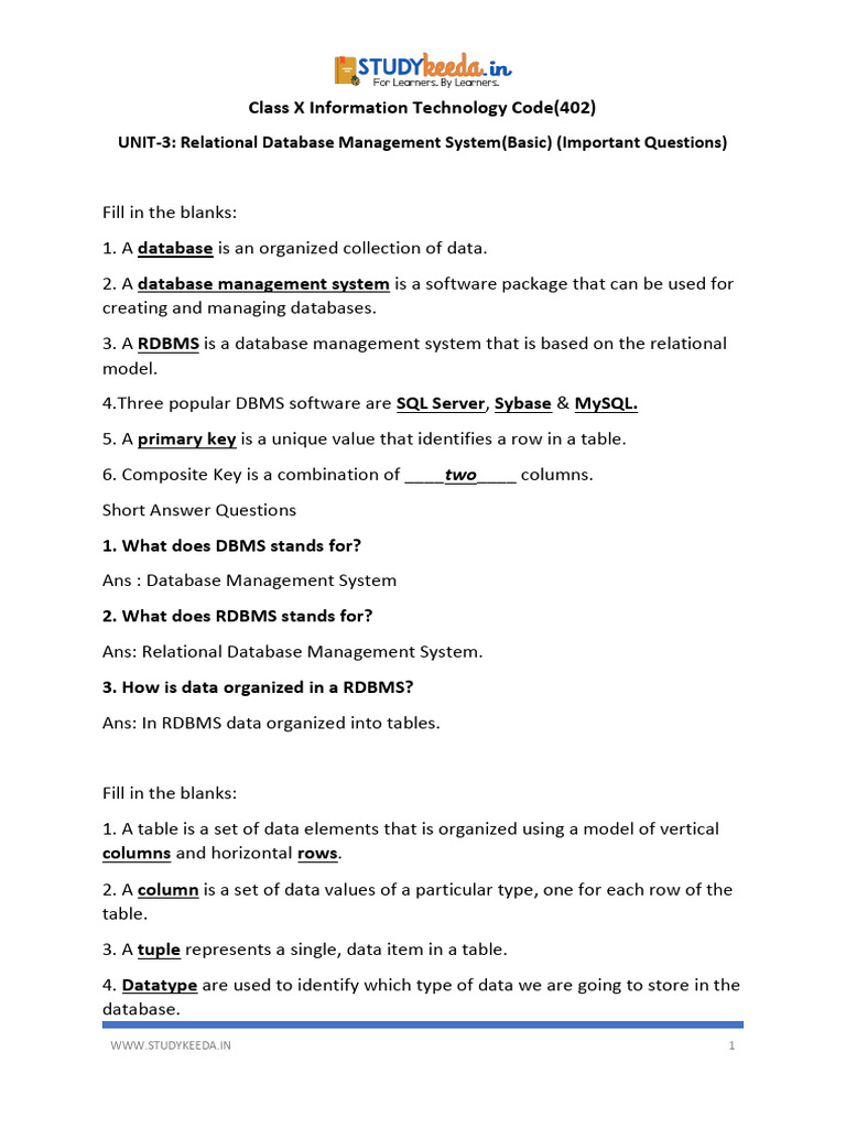 Class X Information Technology Code402 - Unit3 - Important - QA | PDF | Relational Database ...