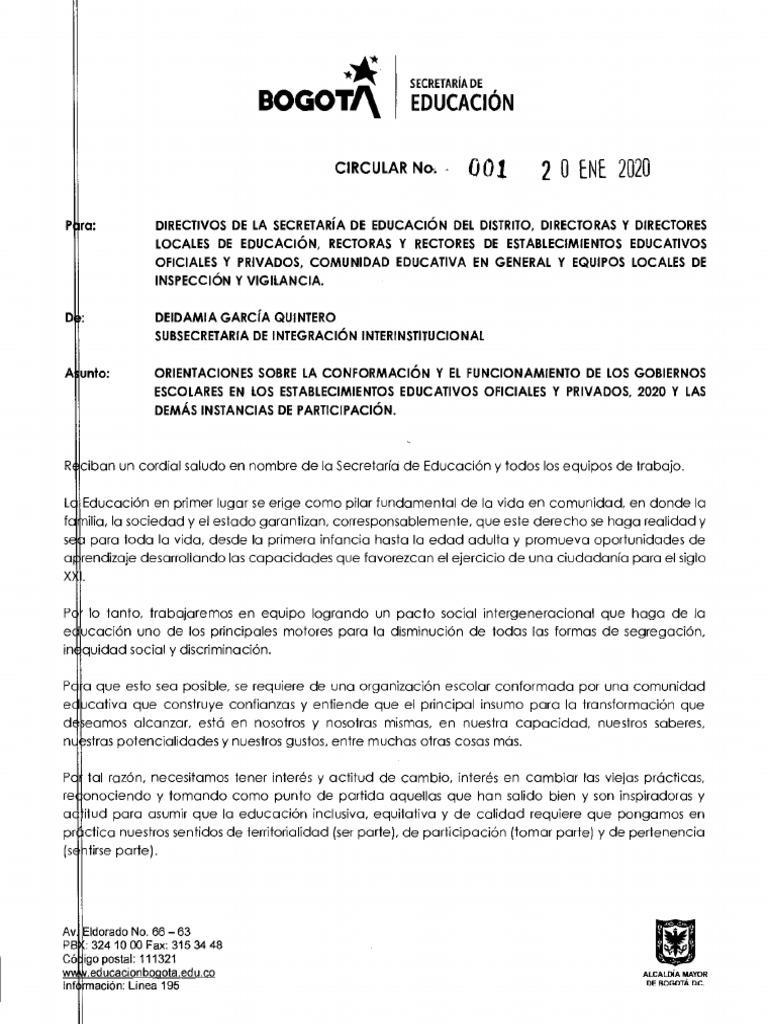 Circular 001 2020 Gobiernos Escolares | PDF