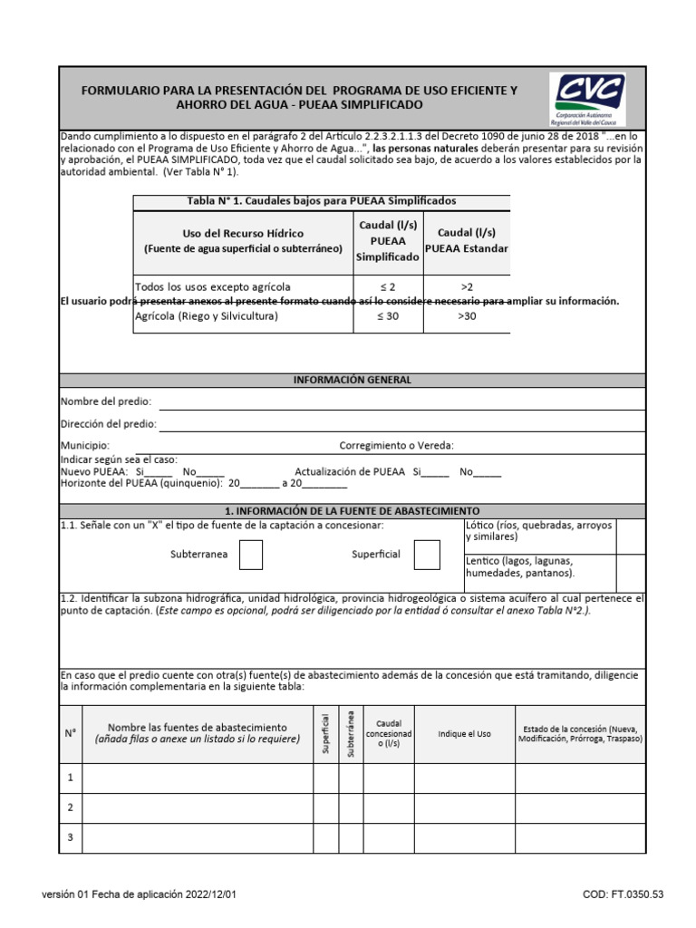 FT.0350.53 V01 20221201 Formulario para La Presentacion Del Programa PUEAA Simplificado | PDF ...