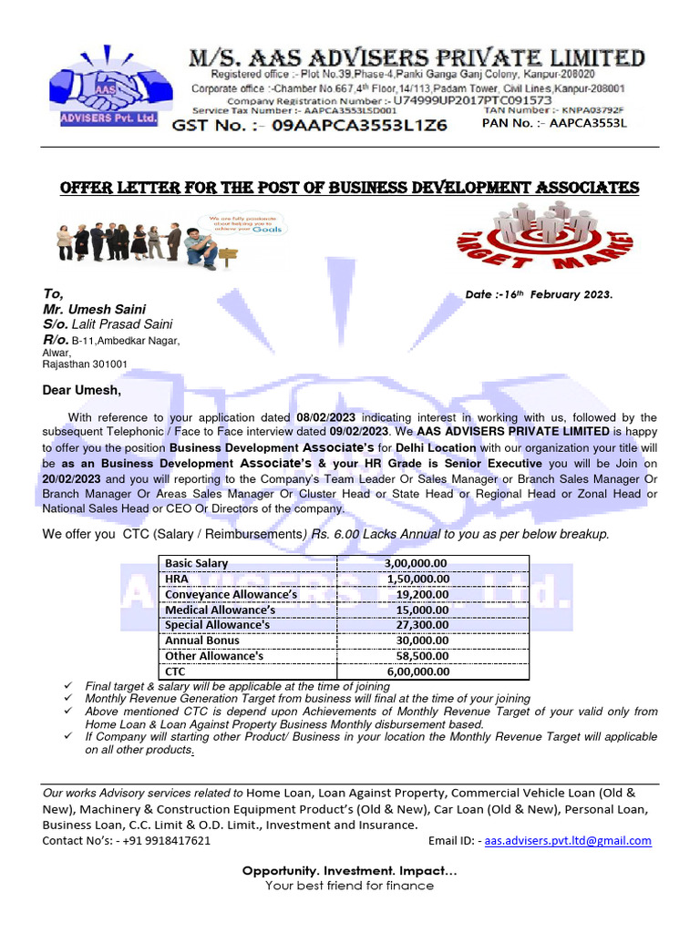 Umesh Saini BDA Offer Letter | PDF | Loans | Non Bank Financial Institution