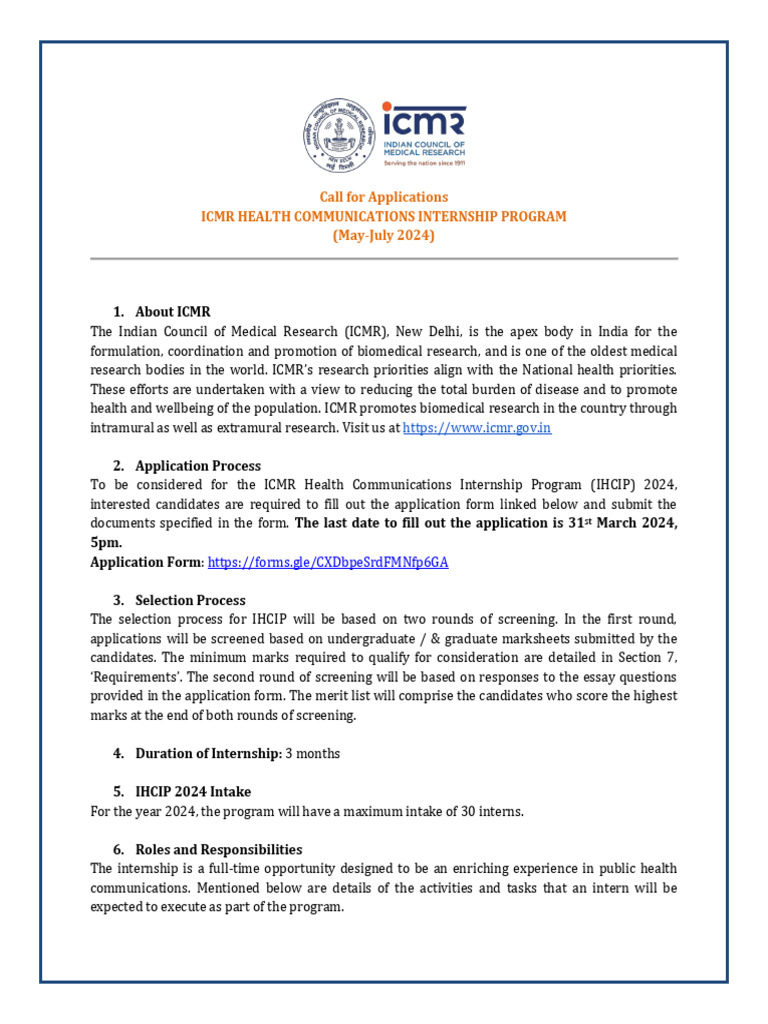 Icmr Health Communications Internship Program | PDF | Career & Growth | Business