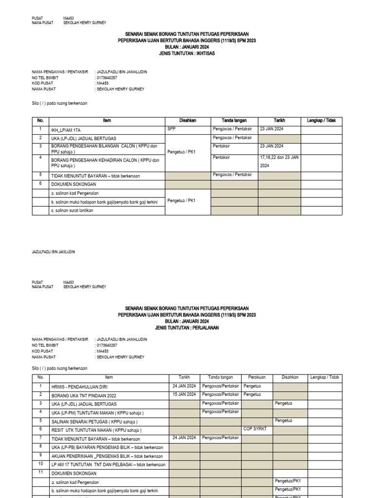Senarai Semak Borang Tuntutan Petugas Peperiksaan | PDF
