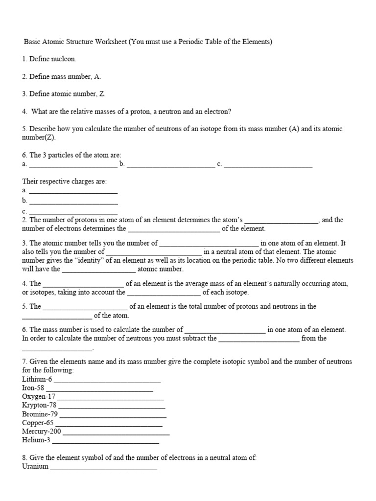 Atomic Structure Worksheet | PDF