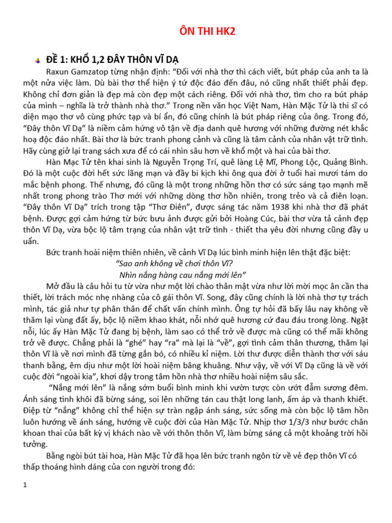 (Văn) ÔN THI HK2 | PDF