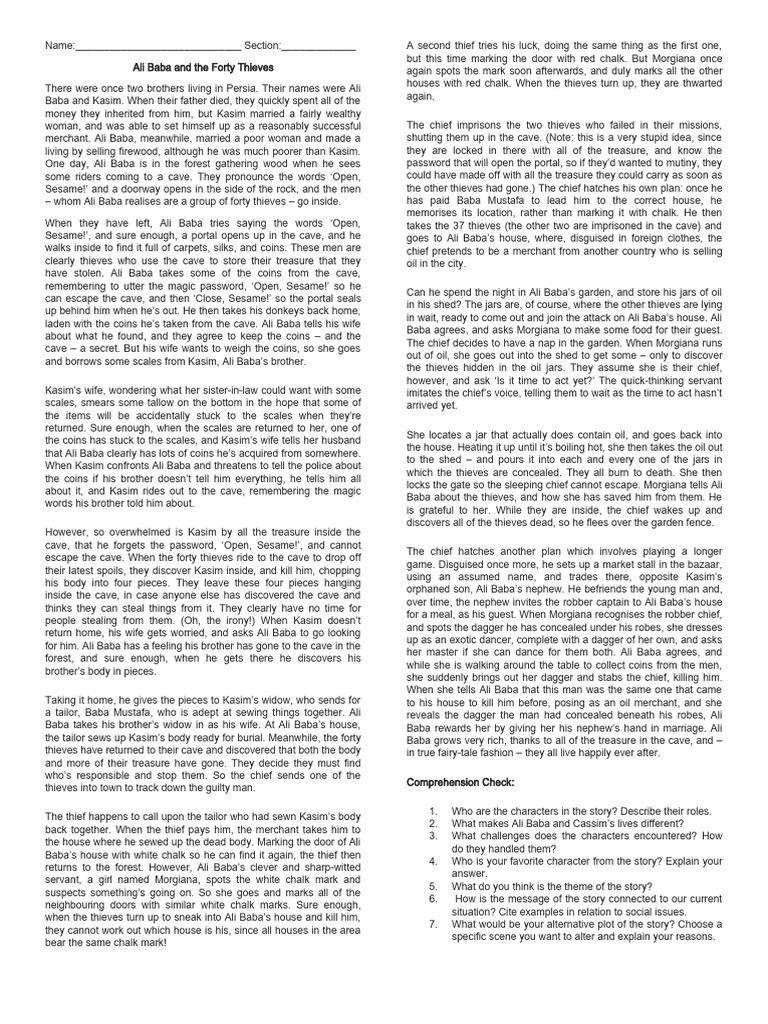 Alibaba and The Forty Thieves Summary Worksheet | PDF