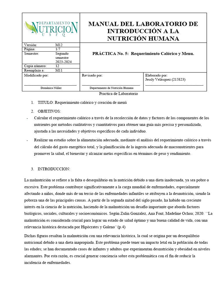 Practica 5. Requerimiento calorico y creación de menú FINAL terminado | PDF | Dieta | Nutrición