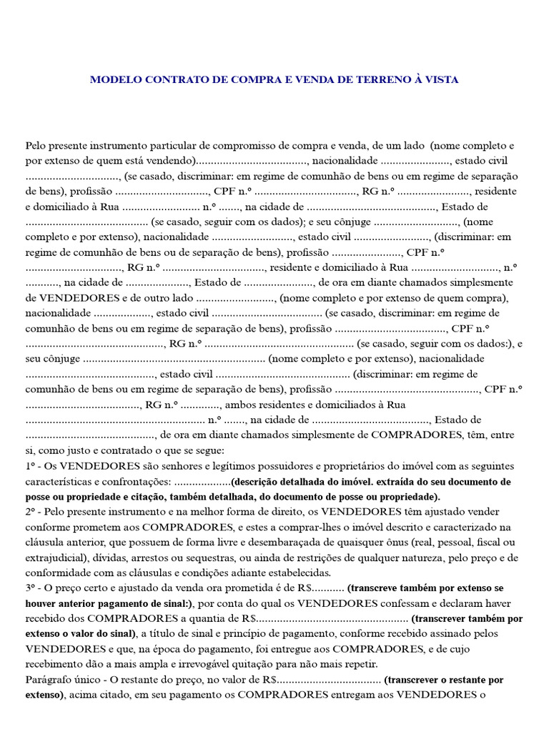 Modelo De Contrato De Compra E Venda De Terreno A Vista Docx 20240312