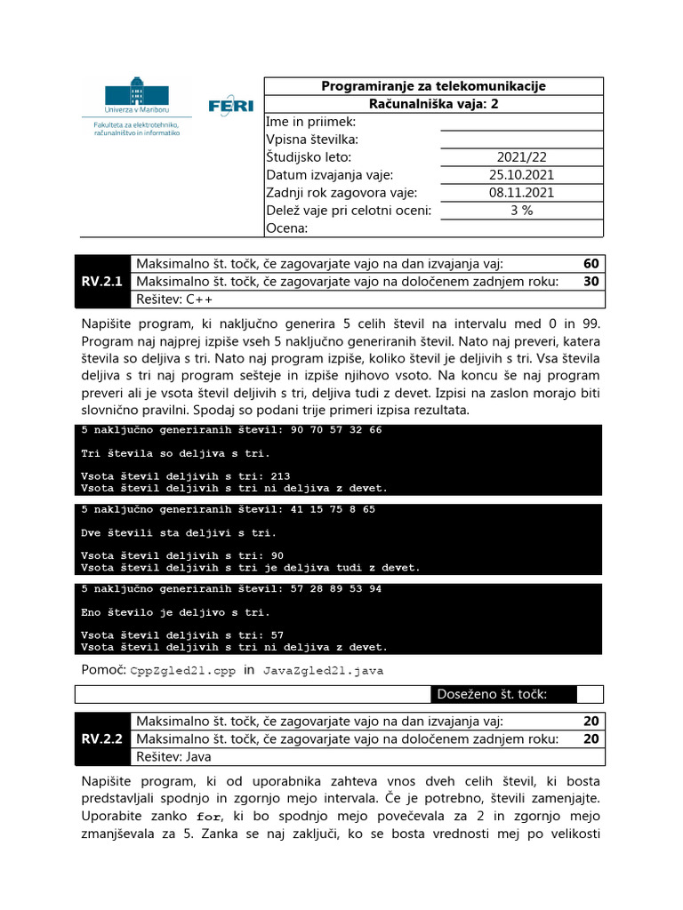 Programiranje Za Telekomunikacije Računalniška Vaja: 2: Cppzgled21.Cpp ...