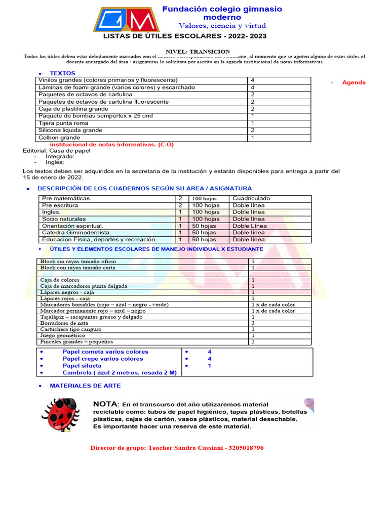 LISTA DE UTILES ESCOLARES 2022 - 2023 Preescolar | PDF
