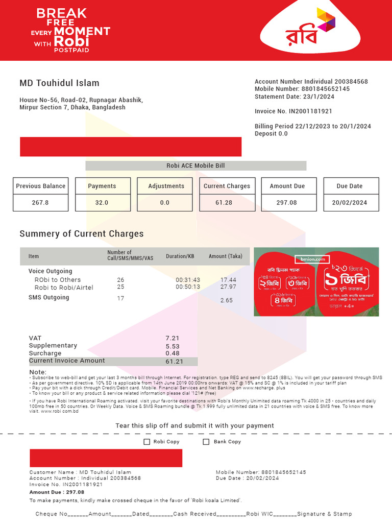 Robi Bill | PDF | Payments | Roaming