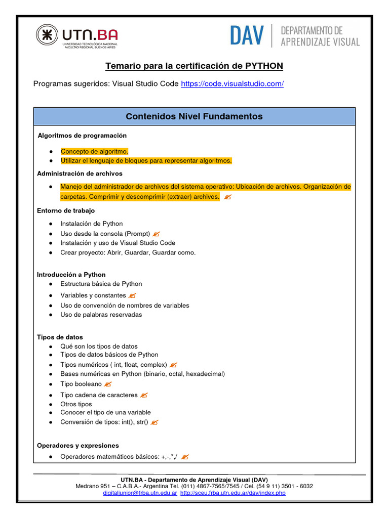 UTN - BA DAV Temario Python 2024 - Campus | PDF | Python (lenguaje de programación) | Tipo de datos