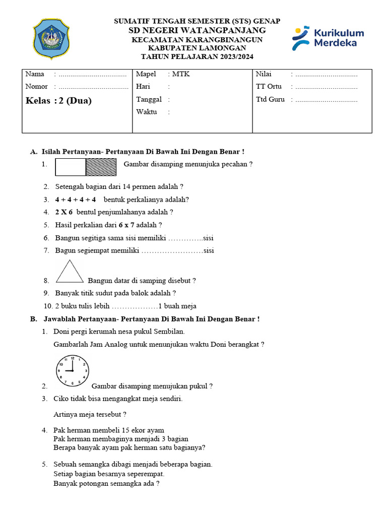 Soal MTK SD Kelas 2 | PDF