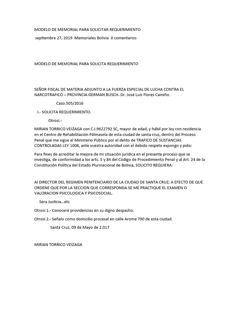 Modelo de Memorial Para Solicitar Requerimiento | PDF
