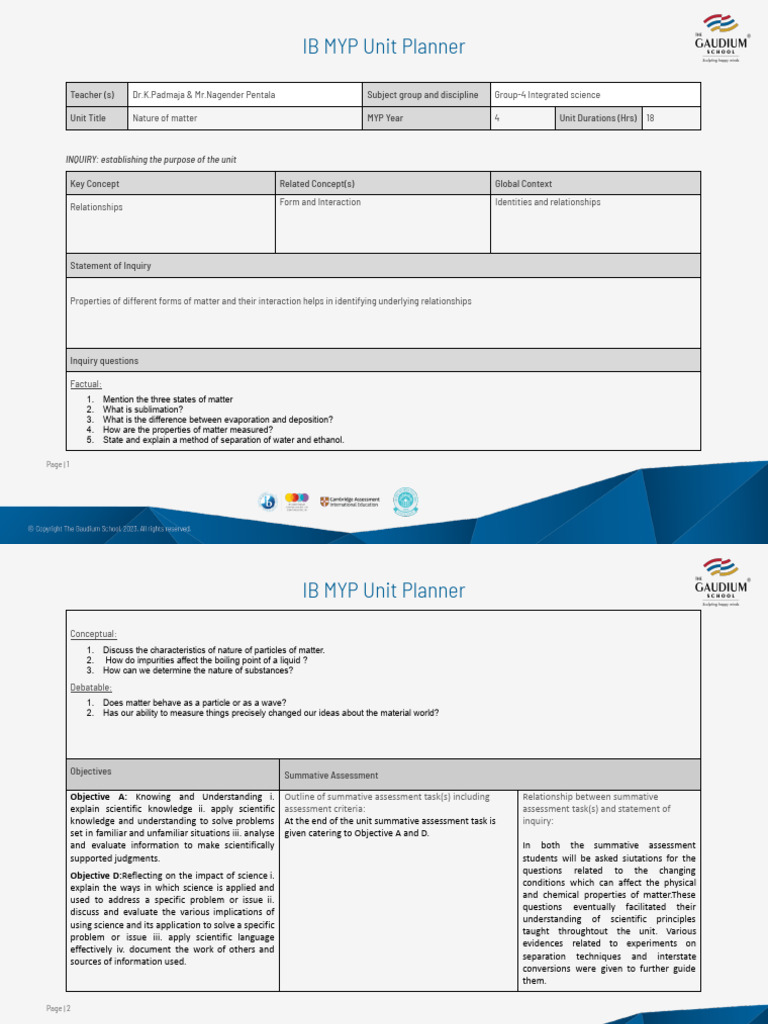 IBMYP-4 Chemistry Unit Plan - Nature of Matter | Download Free PDF ...