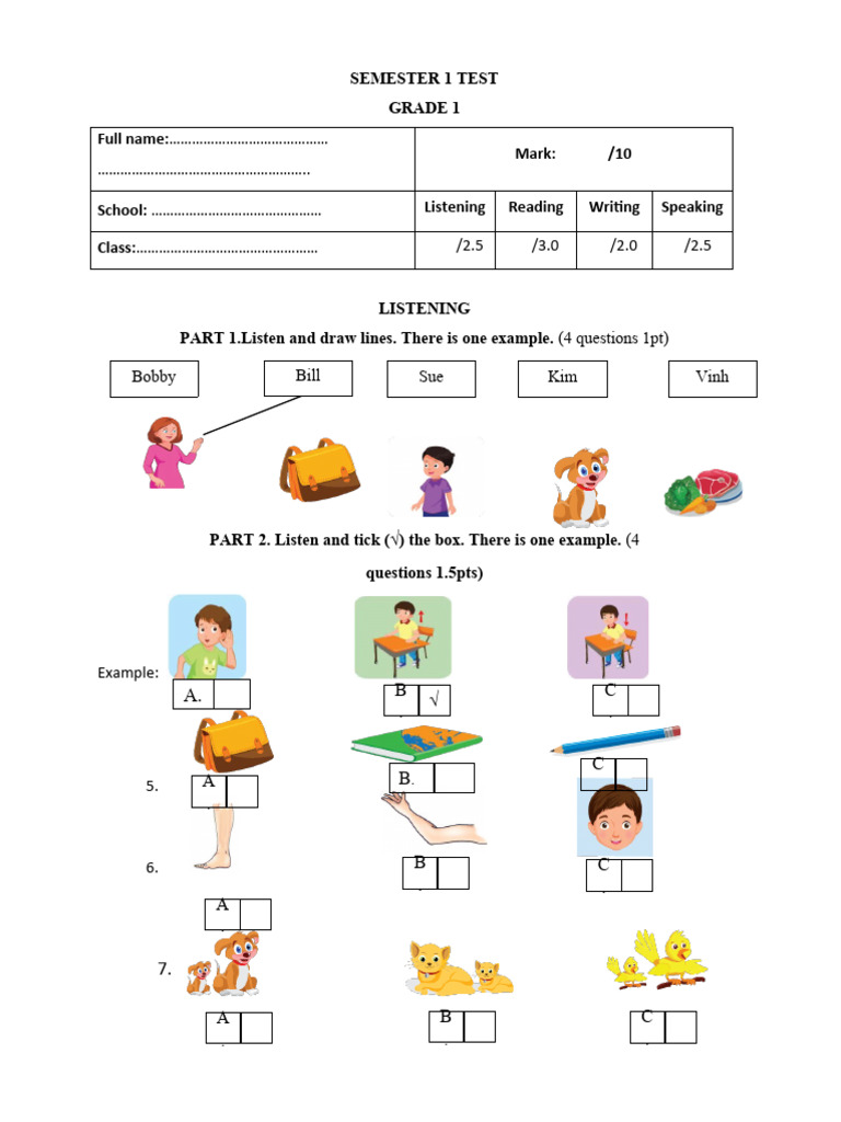 Grade 1 Semester 1 Test Overview | PDF