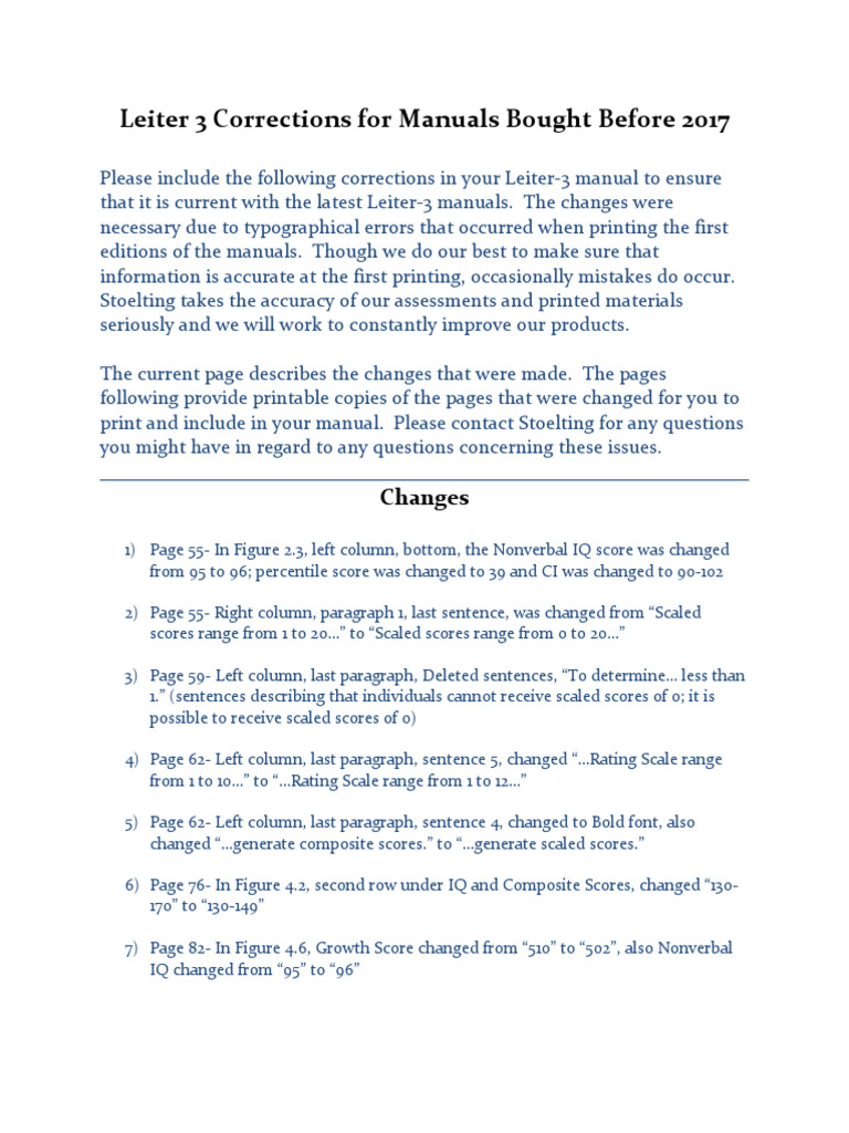 Leiter 3 Manual Corrections Updates | PDF | Wechsler Adult Intelligence ...