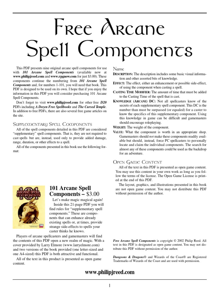 Free Arcane Spell Components | PDF | Copyright | D20 System