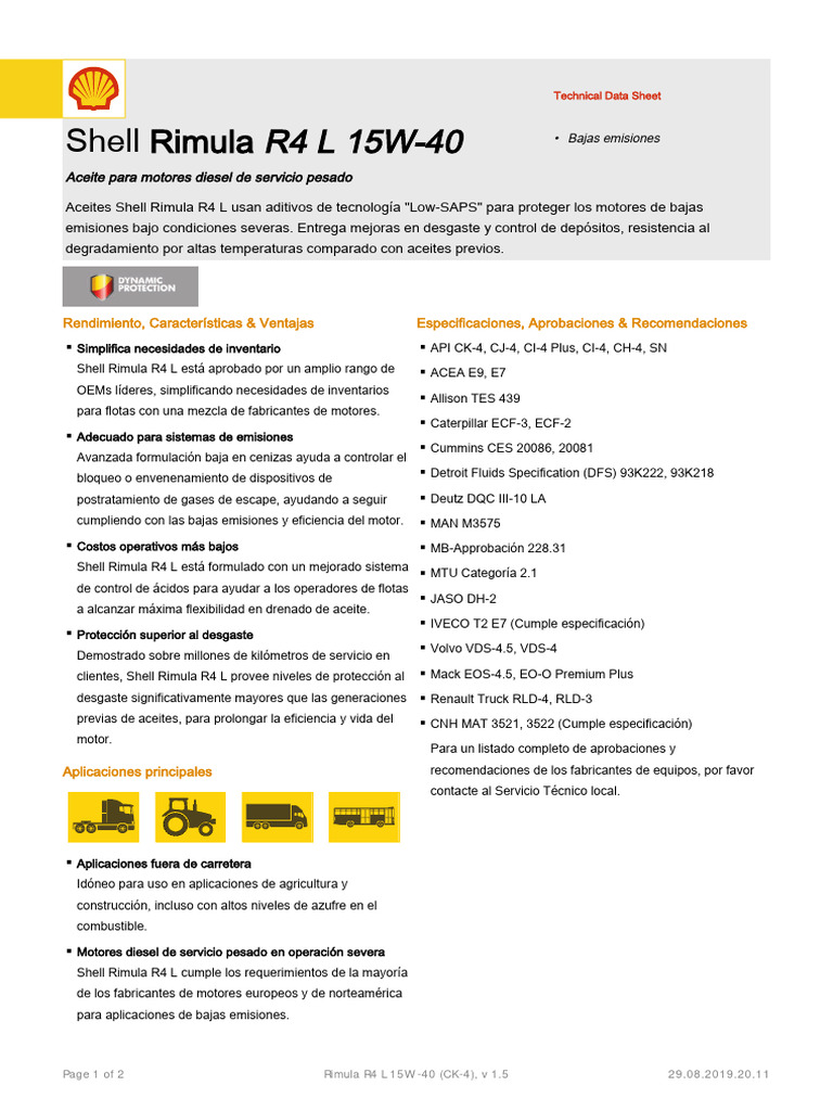 Shell Rimula R4 L 15W-40 (CK-4) (Es) - TDS | PDF