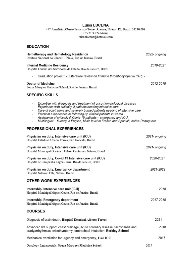 Luísa - Lucena - Curriculum Vitae | PDF | Intensive Care Medicine | Intensive Care Unit