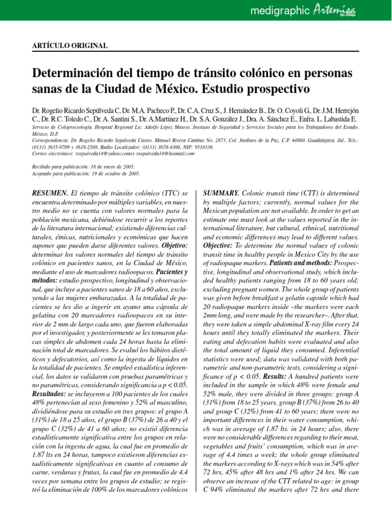 Determinación Del Tiempo de Tránsito Colónico en Personas Sanas de La ...