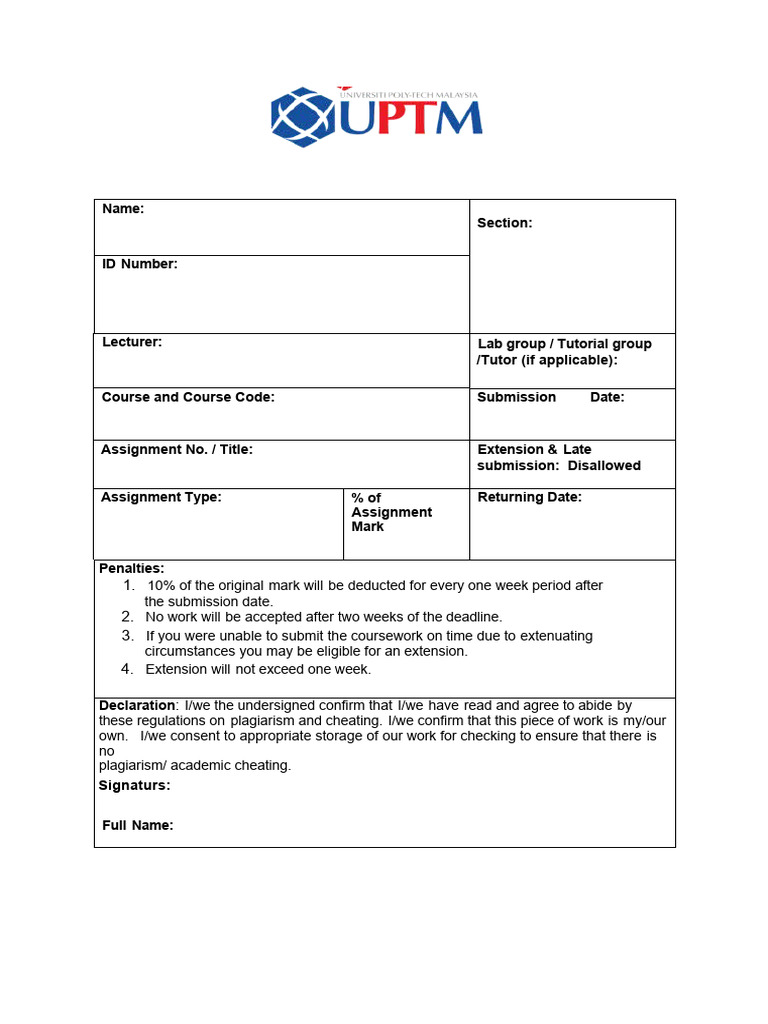 UPTM Assignment Cover Page Template | PDF