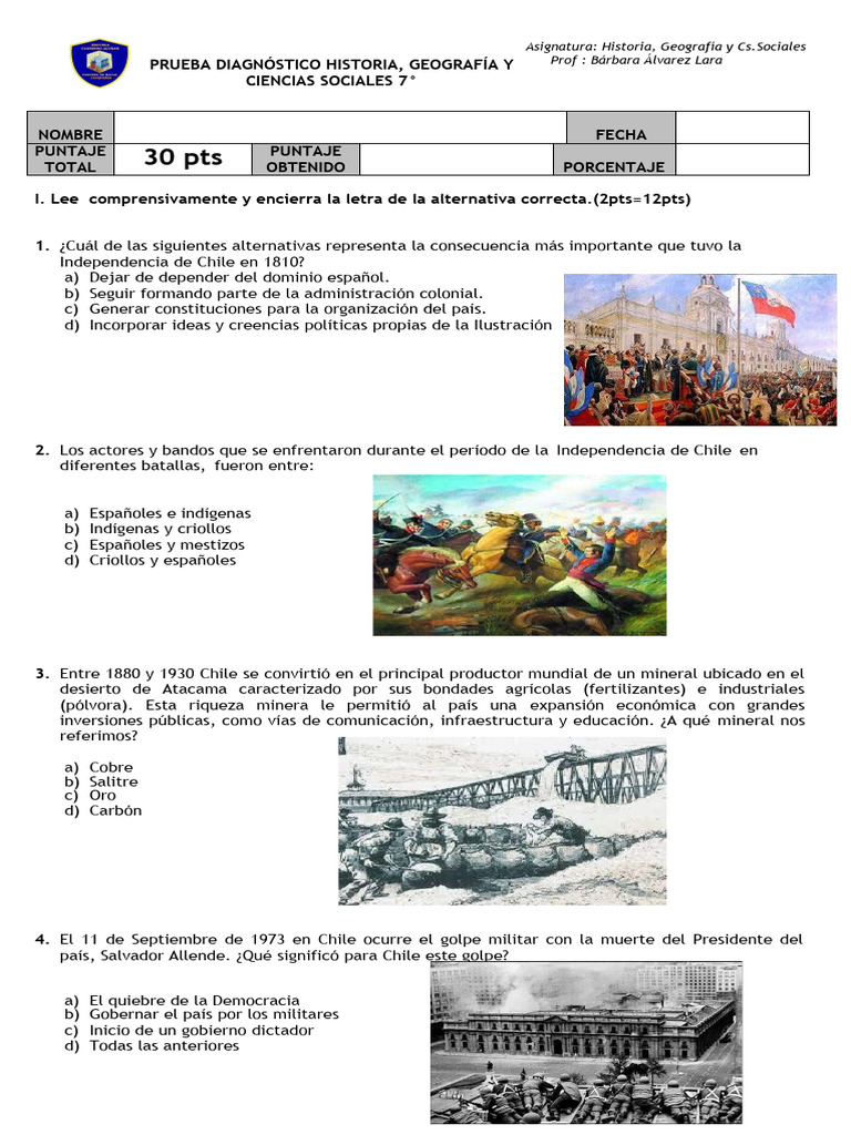 Prueba Diagnostico Historia 7° | PDF
