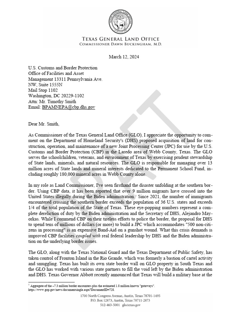 Texas GLO Comments on DHS Land Acquisition | PDF | United States ...