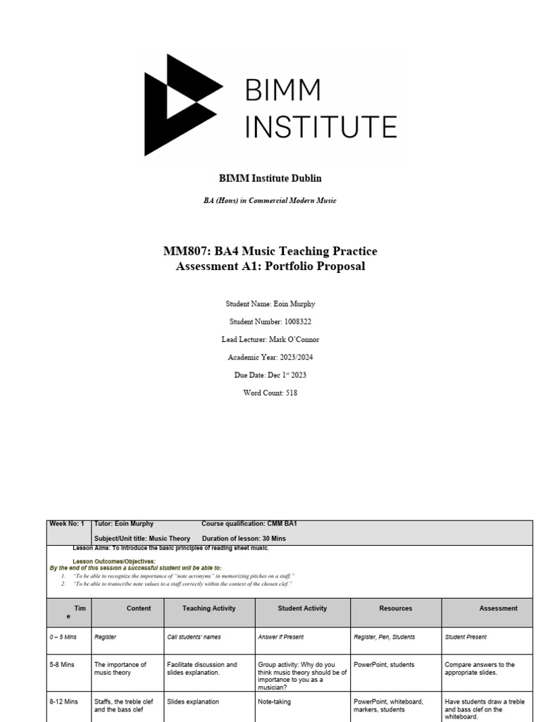 Eoin Murphy Music Teaching Assignment 1 | PDF | Clef | Learning Styles