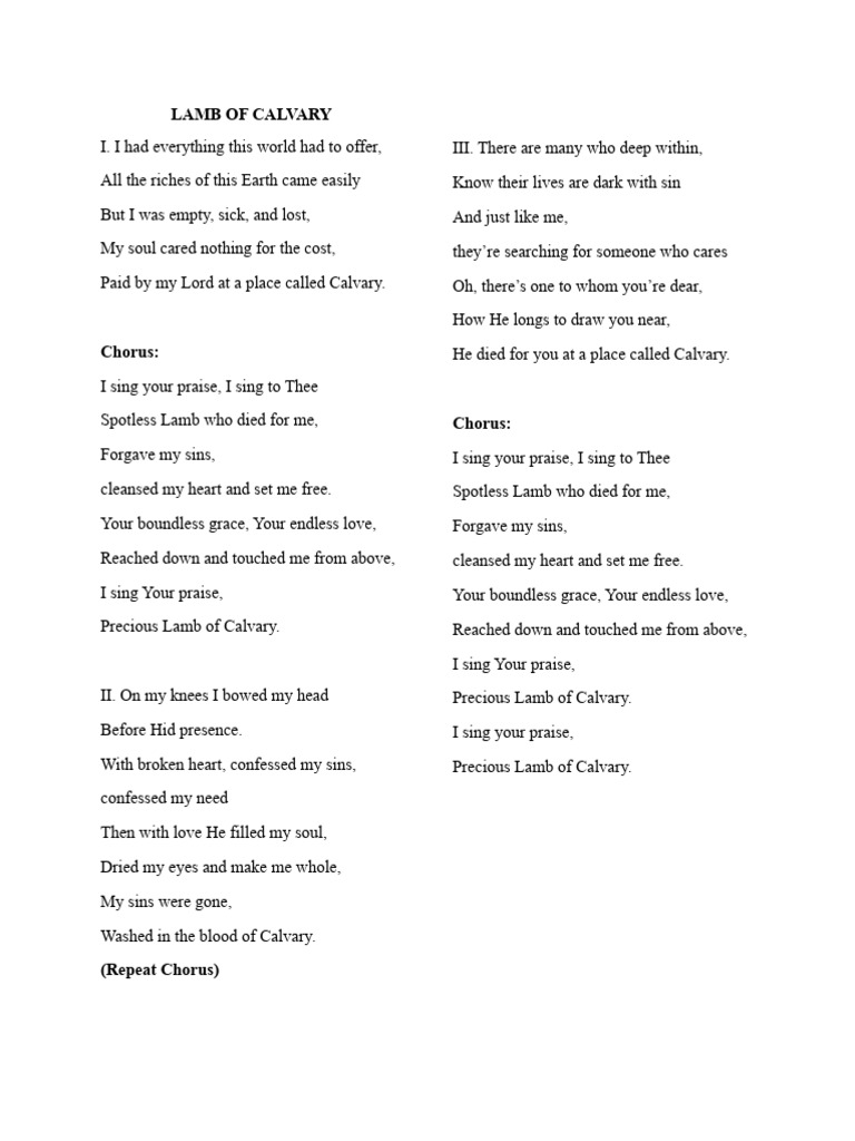 Lamb of Calvary: A Song of Redemption | PDF | Cooking, Food & Wine ...