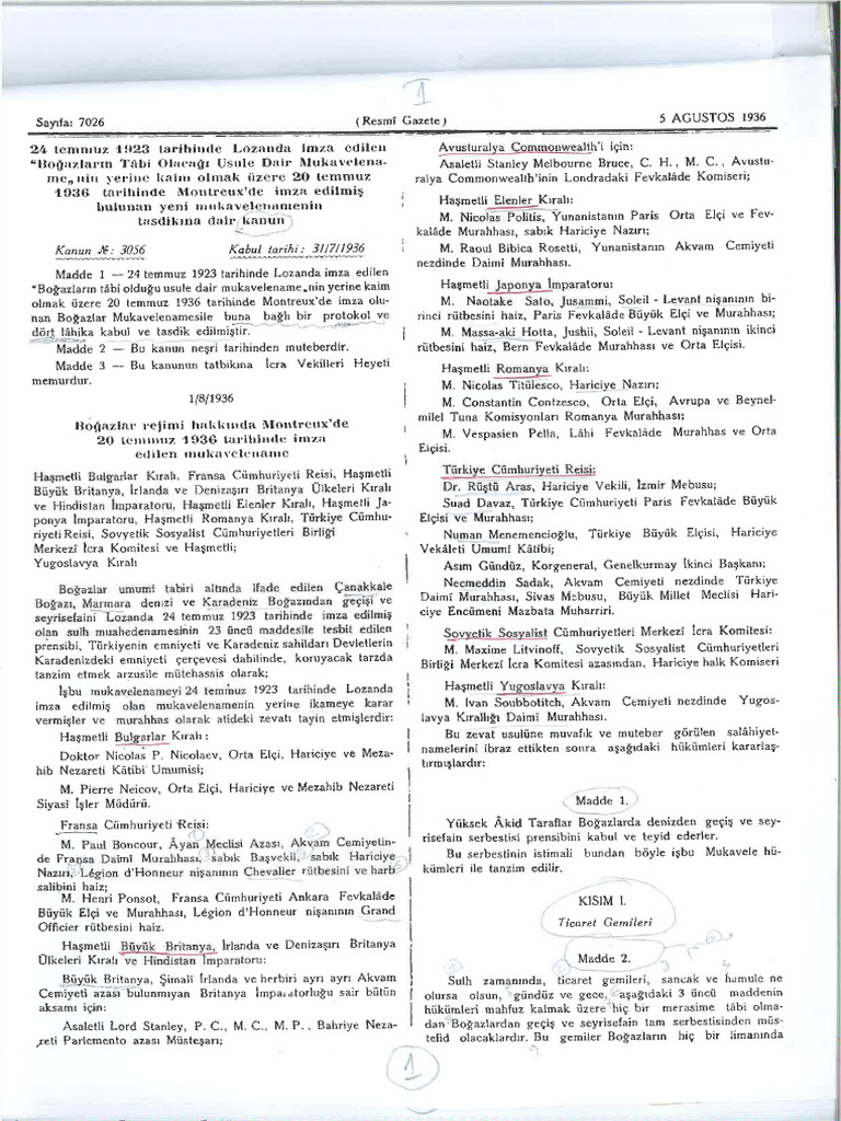 Montrö Boğazlar Mukavelenamesi Maddeleri, Resmi Gazete, 5 Ağustos 1936 | PDF