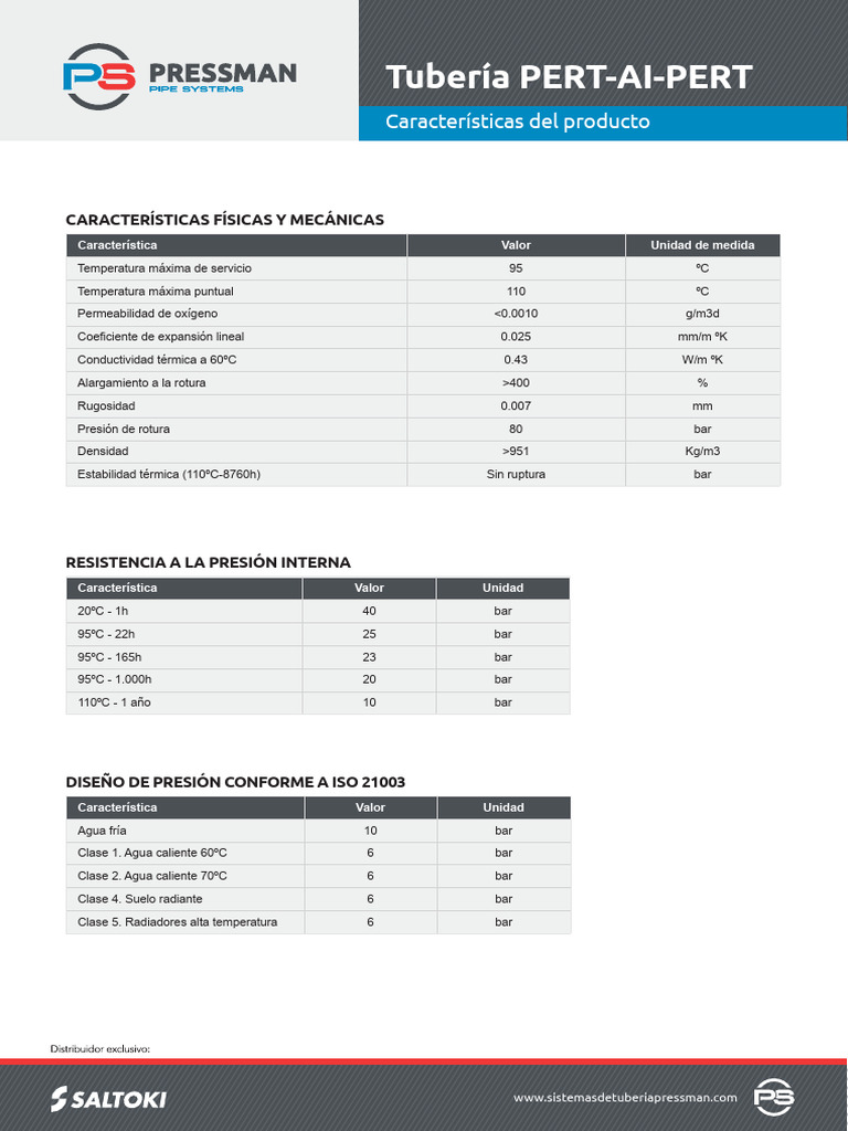 Ficha Técnica Tubo Multicapa PERT AI PERT Pressman | PDF
