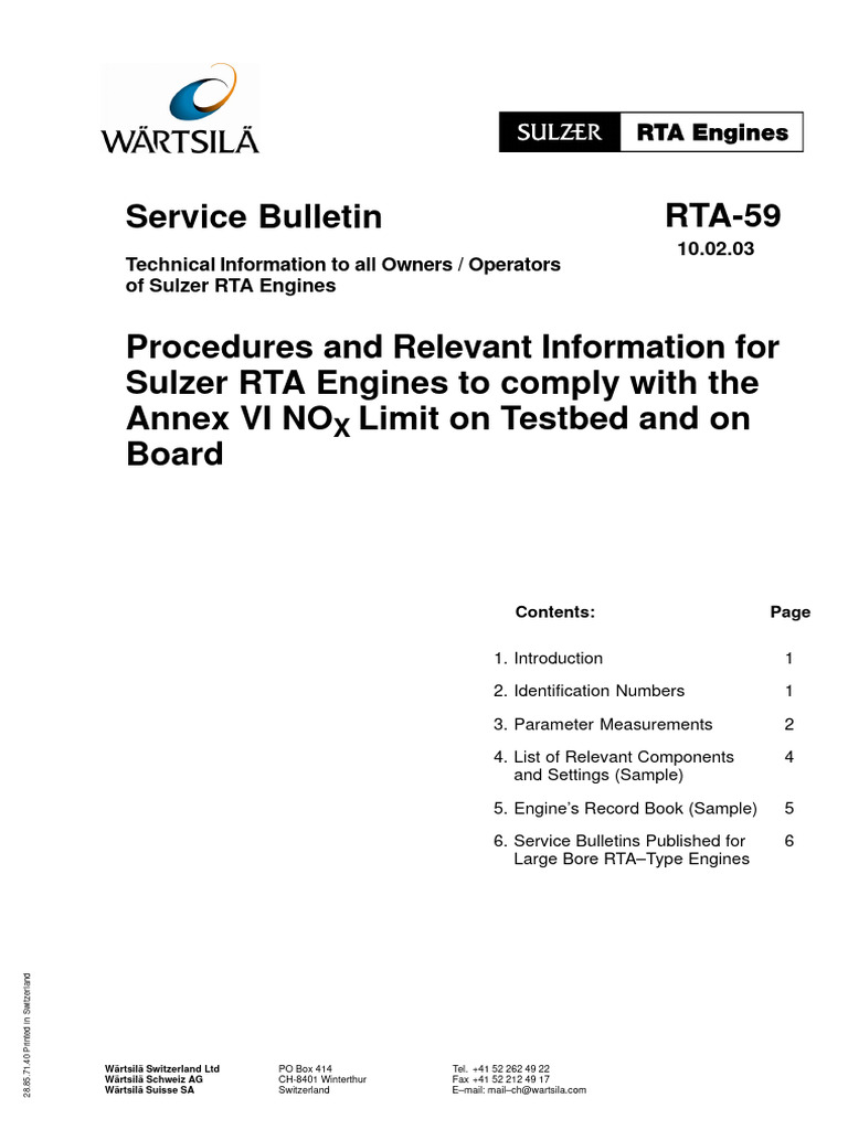 NOx Compliance Guide for Sulzer RTA Engines | PDF | Piston | Pump
