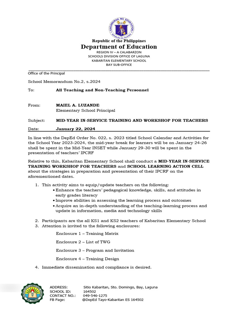 Memo MidYear INSET 2024 | PDF | Teachers | Pedagogy Memo MidYear INSET 2024 | PDF | Teachers | Pedagogy