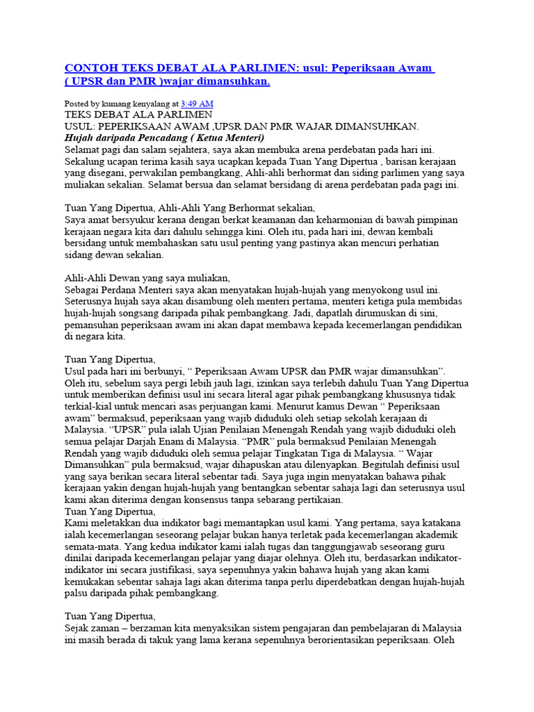 Contoh Teks Debat Ala Parlimen | PDF