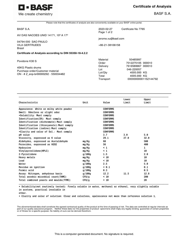 CoA Povidone K30 S | PDF | Chemical Substances | Chemical Compounds