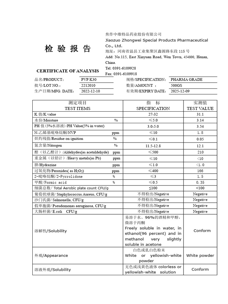 Coa - PVP K30 Usp44-2212010 - Sample | PDF