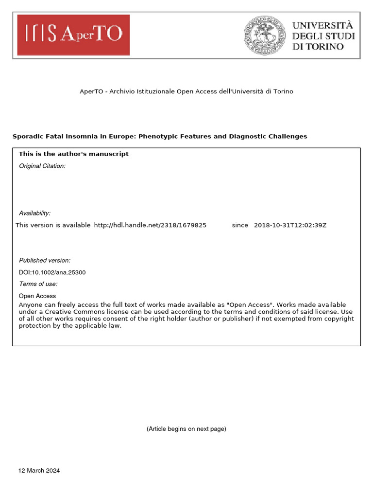 Sporadic Fatal Insomnia in Europe | PDF | Clinical Medicine | Nervous ...