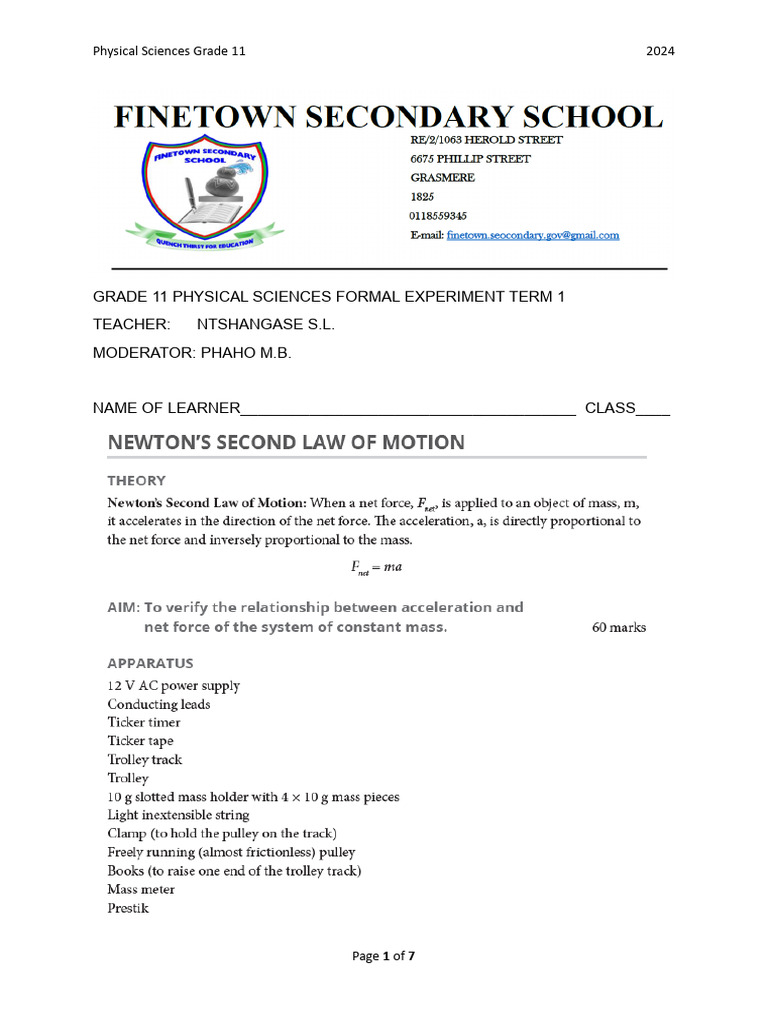 Grade 11 Physical Sciences Formal Experiment Term 1 - 113103 | PDF