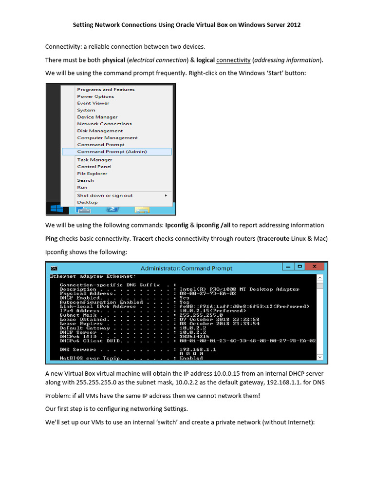 Setting Network Connections Using Oracle Virtual Box On Windows Server 2012 Pdf Ip Address