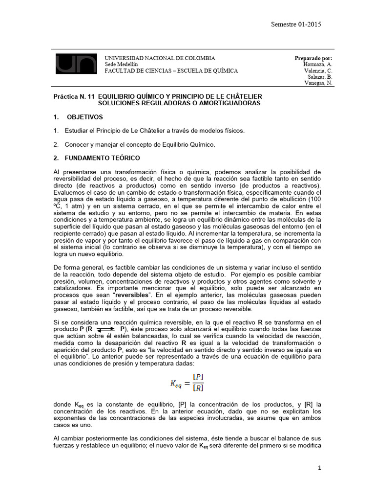 Práctica N.11 EQUILIBRIO QUIMICO-PRINCIPIO DE LE CHATELIER Y SOLUCIONES REGULADORAS O ...