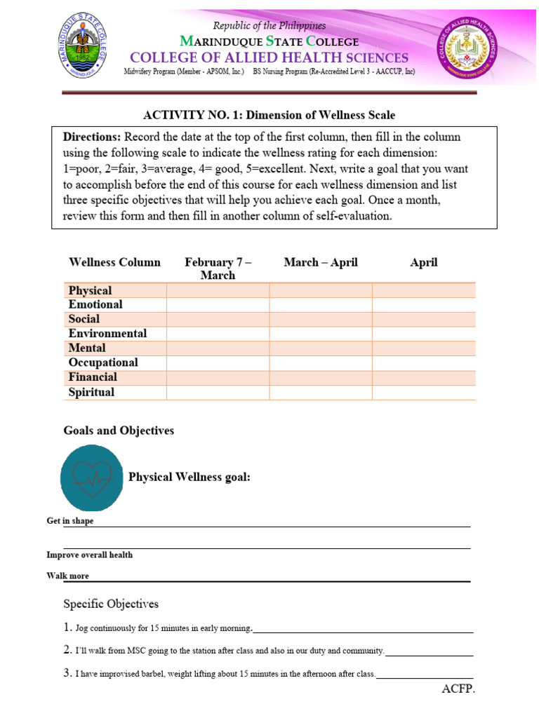 Dimensions of Wellness Goals Worksheet | PDF | Nursing